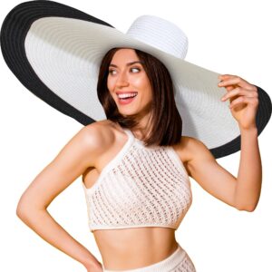 oversized sun straw hat for women, upf 50+ floppy wide brim summer hat, foldable roll up travel hat (black white, 11.8 inches brim width)