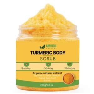 amvital turmeric body scrub - handmade natural scrub for body, face, hand, and foot - natural skincare body scrub for women - suitable for all skin types (7.8oz)