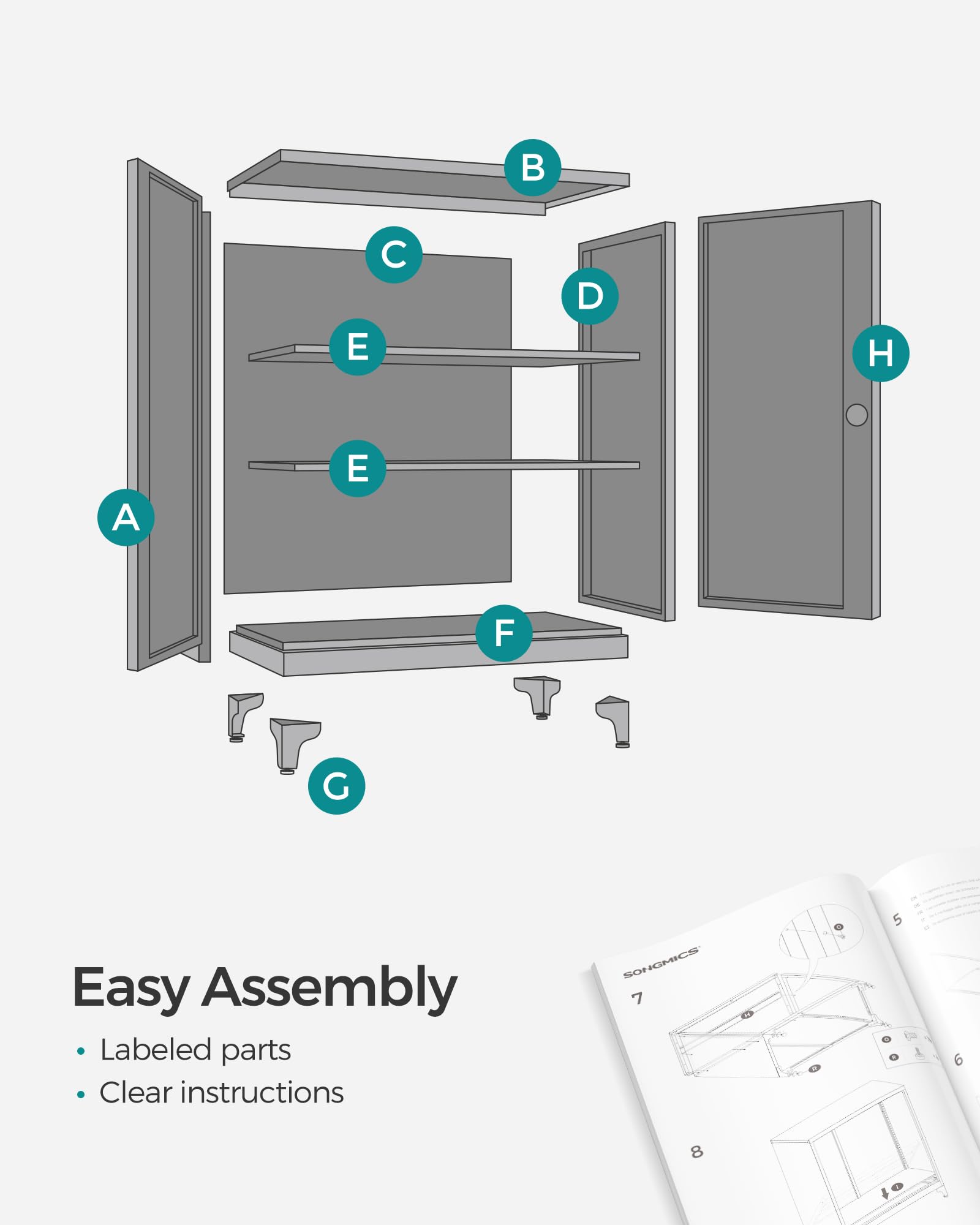 SONGMICS Garage Cabinet, Metal Storage Cabinet with Doors and Shelves, Office Cabinet for Home Office, Garage and Utility Room, Grey UOMC013G01