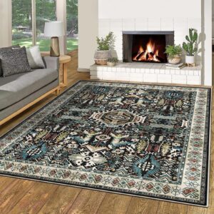 washable living room area rug - 8x10 large bedroom rug distressed oriental non-slip non-shedding print floor carpet for dining room kitchen (black, 8 x 10)