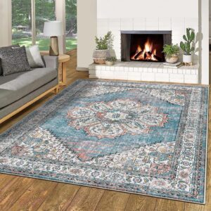 washable living room area rug - 8x10 large bedroom rug distressed oriental non-slip non-shedding print floor carpet for dining room kitchen (blue, 8 x 10)