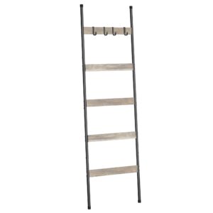 elyken blanket ladder for living room, farmhouse 5 -tier quilt holder with 4 removable hooks for bathroom, wood towel rack display, wall anchor leaning decorative stand for home decor, white oak