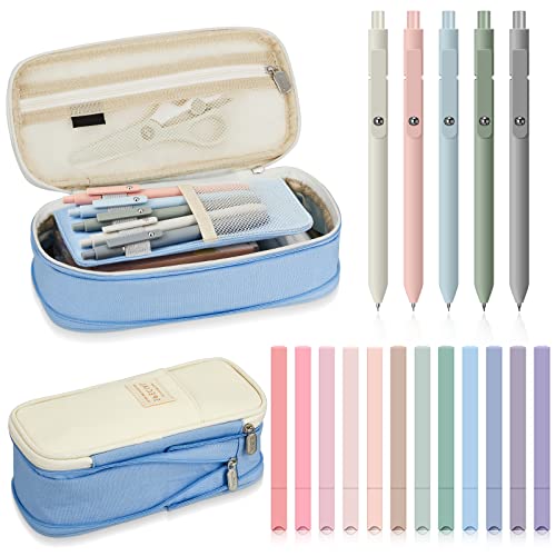 Henoyso 18 Pcs Aesthetic Bible Study Supplies Include Big Capacity Pen Bag with Zipper 12 Pcs Chisel Tip Bible Highlighters 5 Pcs Quick Dry Retractable Black Ink Pens for School Office(Light Blue)