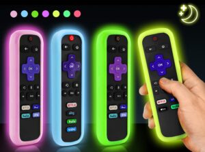 （4 pack） onebom cover for roku remote, cover for hisense/tcl roku tv steaming stick/express universal replacement controller silicone sleeve skin glow in the dark （green pink blue yellow）