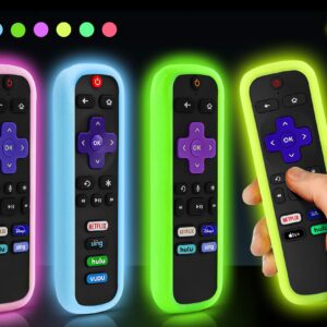 （4 Pack） ONEBOM Cover for Roku Remote, Cover for Hisense/TCL Roku TV Steaming Stick/Express Universal Replacement Controller Silicone Sleeve Skin Glow in The Dark （Green Pink Blue Yellow）