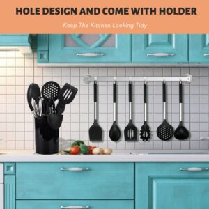 Hvygss Kitchen Utensils Set with Holder, Black Silicone Cooking Utensils Set Dishwasher Safe Stainless Steel Handle Spoons Spatula Set Heat Resistant Kitchen Tools