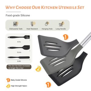 Hvygss Kitchen Utensils Set with Holder, Black Silicone Cooking Utensils Set Dishwasher Safe Stainless Steel Handle Spoons Spatula Set Heat Resistant Kitchen Tools