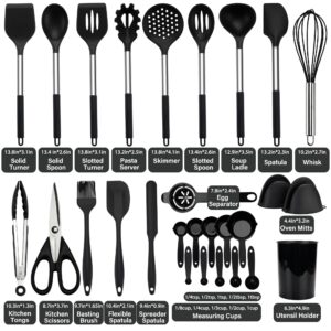 Hvygss Kitchen Utensils Set with Holder, Black Silicone Cooking Utensils Set Dishwasher Safe Stainless Steel Handle Spoons Spatula Set Heat Resistant Kitchen Tools