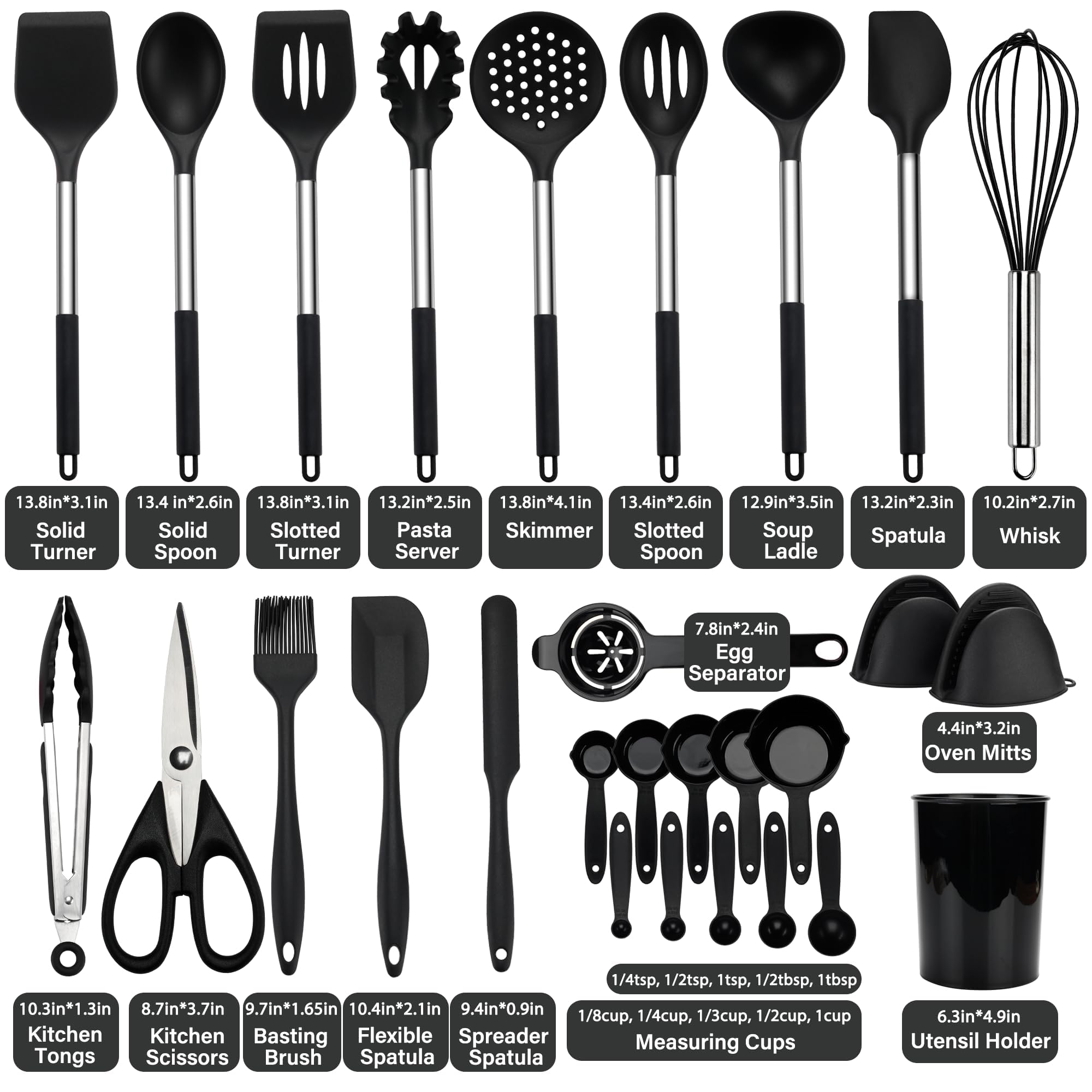 Hvygss Kitchen Utensils Set with Holder, Black Silicone Cooking Utensils Set Dishwasher Safe Stainless Steel Handle Spoons Spatula Set Heat Resistant Kitchen Tools