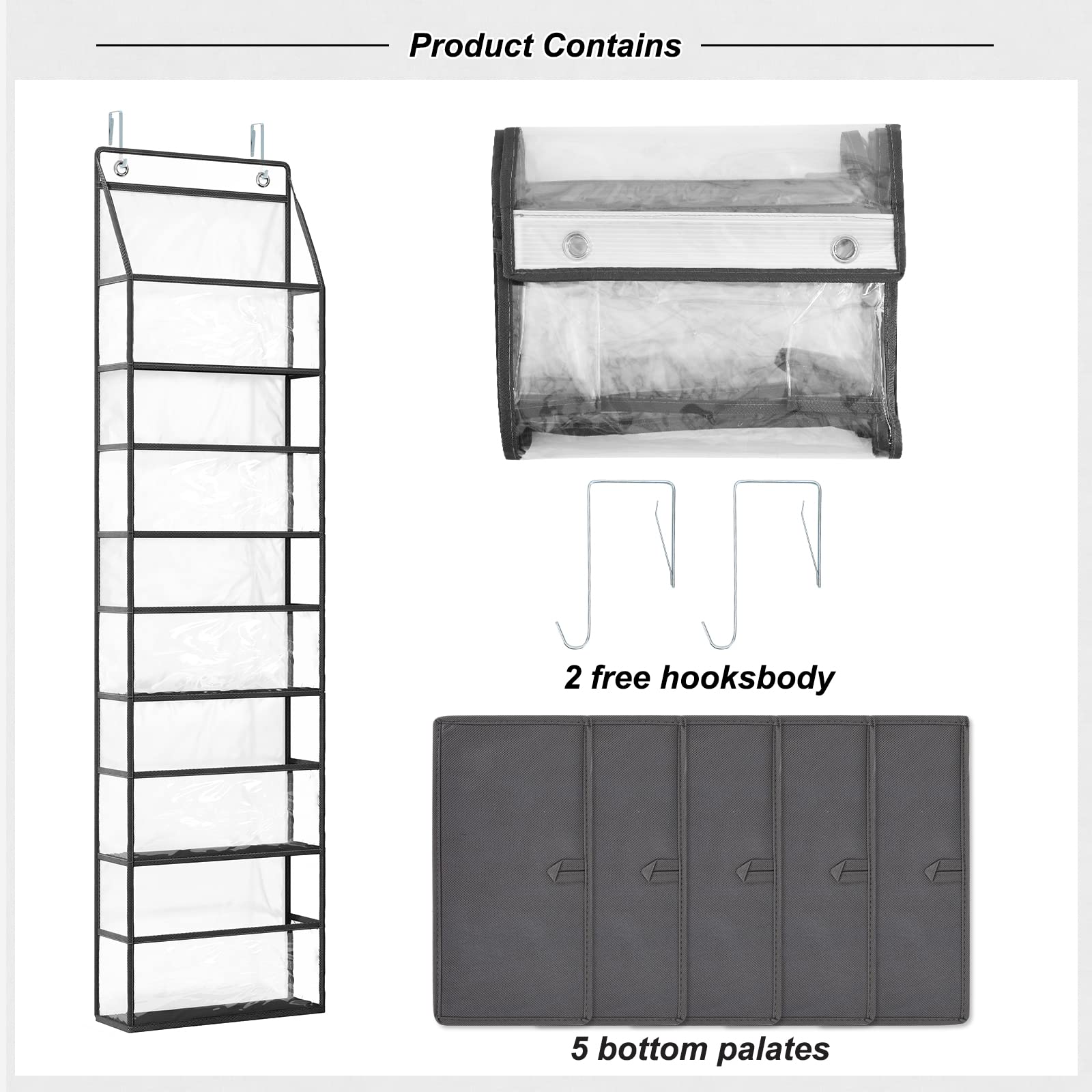 Fixwal 2 Pack Over The Door Pantry Organizer Hanging Storage Room Organizer 5-Shelf with Clear Plastic Pockets Large Capacity for Closet Bedroom Bathroom (Grey)