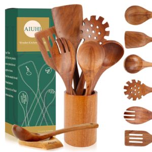 aiuhi wooden kitchen utensil set, wooden spoons for cooking, teak wood utensils with holder and spoon rest, non-stick kitchen utensils set, spatula set with holder (teak wood)