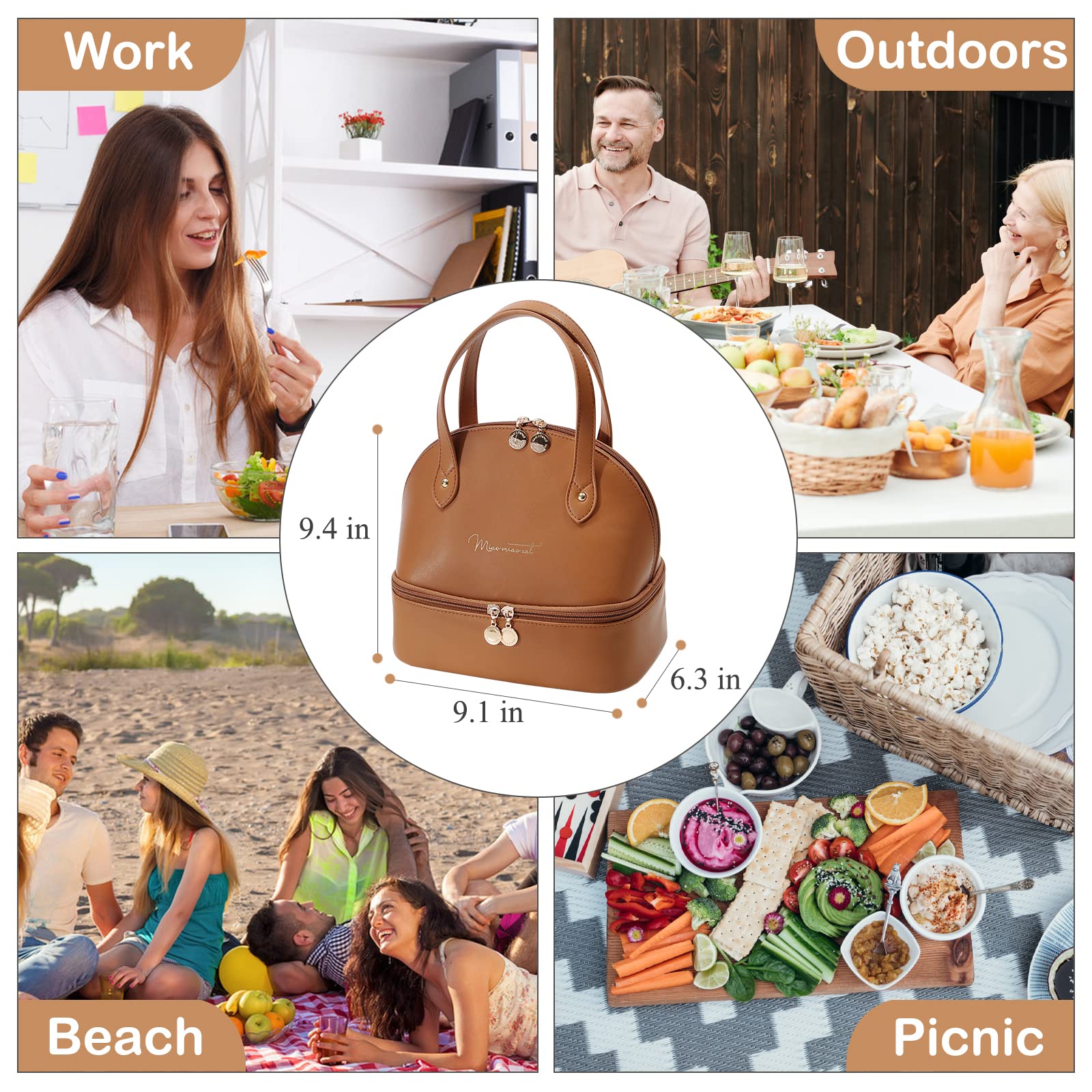 BAKLUCK Large Lunch Bag for Women Insulated Lunch Bag Double Deck Lunch Box Bag Firm Lunch Tote Bag Waterproof Reusable Lunch Bag for Women Men Picnic Work Travel Brown Lunch Bag