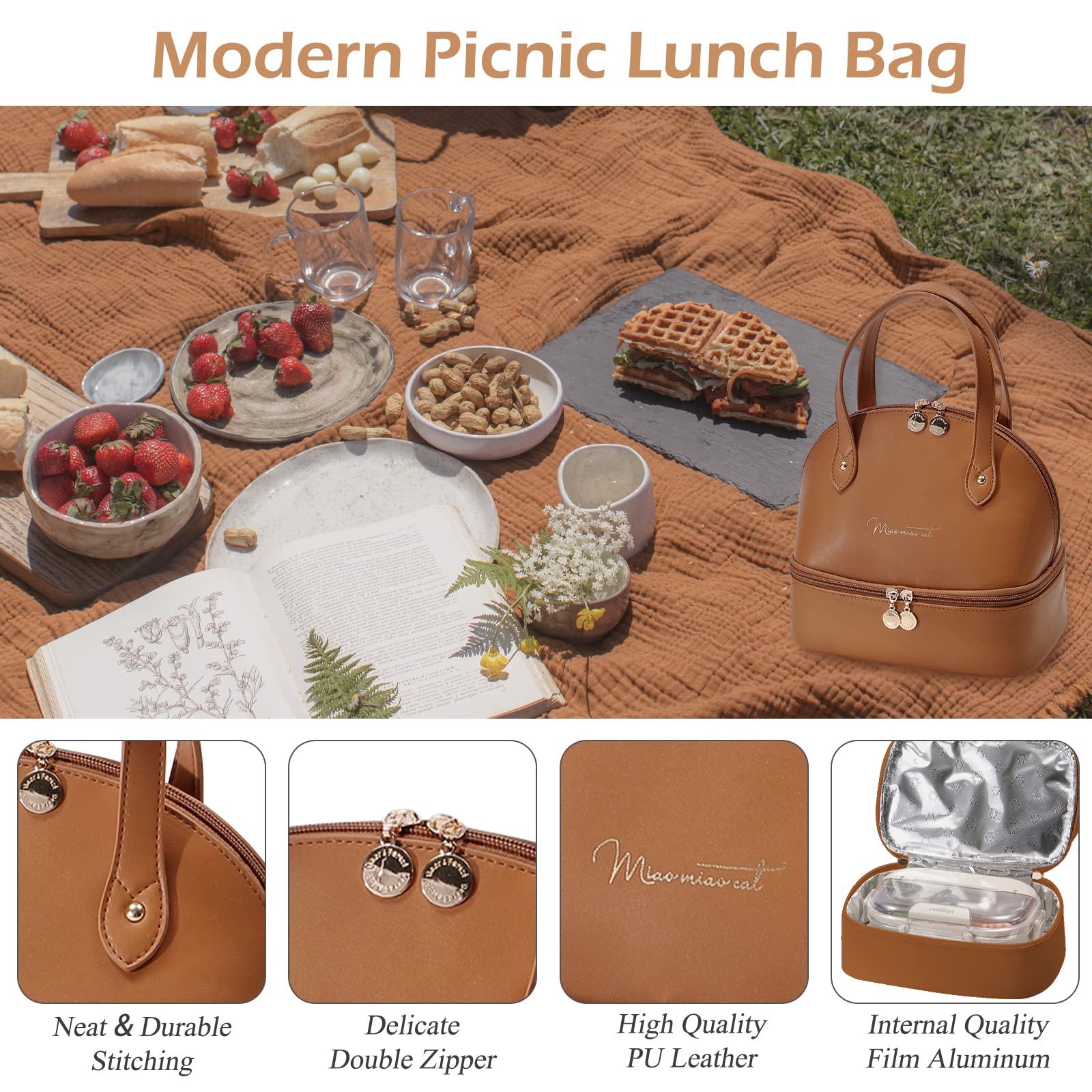 BAKLUCK Large Lunch Bag for Women Insulated Lunch Bag Double Deck Lunch Box Bag Firm Lunch Tote Bag Waterproof Reusable Lunch Bag for Women Men Picnic Work Travel Brown Lunch Bag