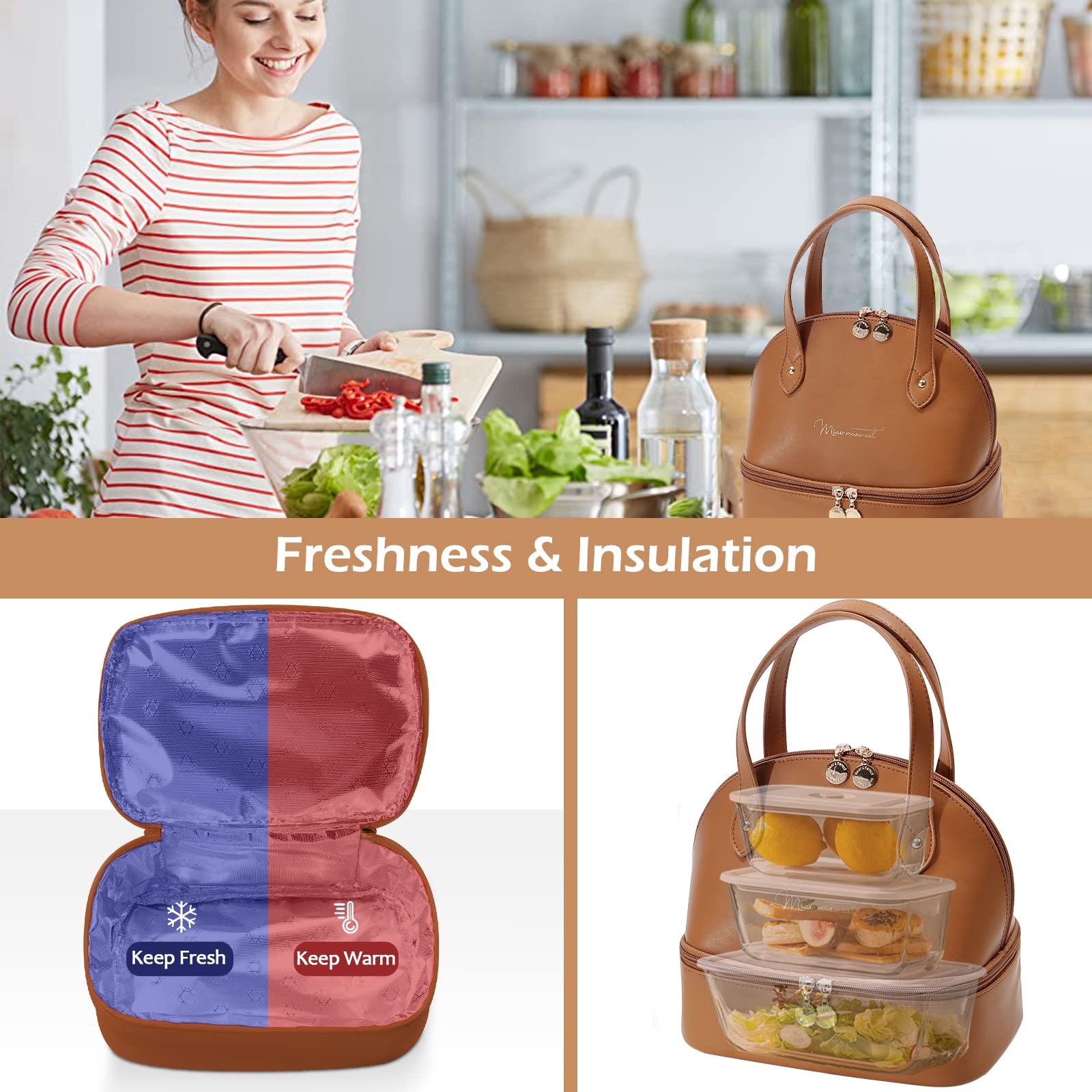 BAKLUCK Large Lunch Bag for Women Insulated Lunch Bag Double Deck Lunch Box Bag Firm Lunch Tote Bag Waterproof Reusable Lunch Bag for Women Men Picnic Work Travel Brown Lunch Bag