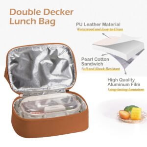 BAKLUCK Large Lunch Bag for Women Insulated Lunch Bag Double Deck Lunch Box Bag Firm Lunch Tote Bag Waterproof Reusable Lunch Bag for Women Men Picnic Work Travel Brown Lunch Bag