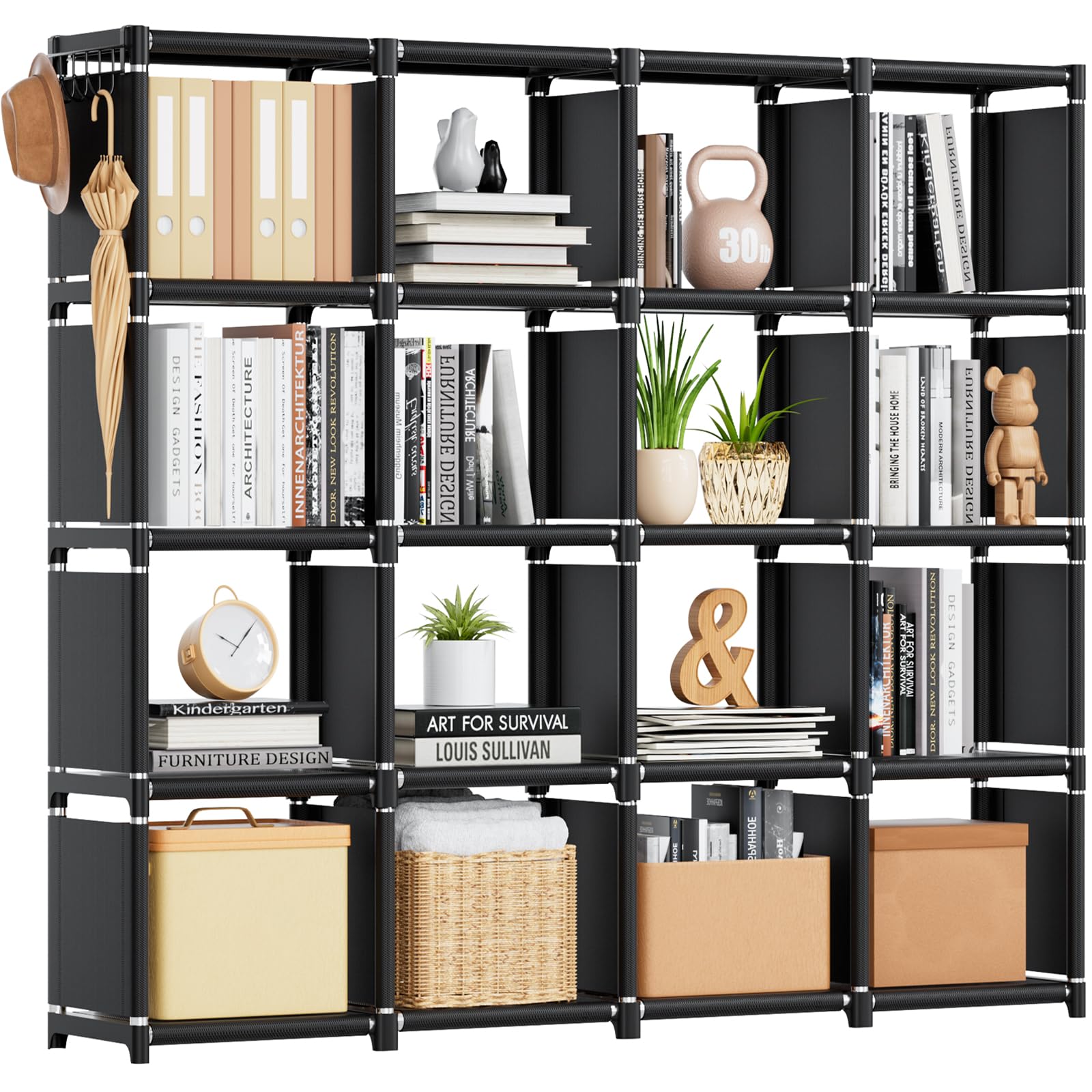 Mavivegue Bookshelf,16 Cube Storage Organizer,Book Shelf Organizer,Tall Bookcase Shelf,Black Cube Shelf Cubbies Closet Storage Organizer Shelves for Bedroom,Living Room,Home,Office, 16-Grid