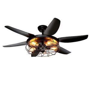 ohniyou ceiling fans with lights and remote - 52 inch farmhouse ceiling fan with caged light fixture - black industrial outdoor ceiling fan lights for patio, living room, kitchen & bedroom