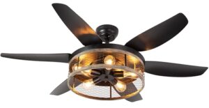 ohniyou farmhouse ceiling fan with lights and remote,52 inch rustic ceiling fan with caged light fixture, retro black outdoor ceiling fans for patio,living room,dining room,bedroom