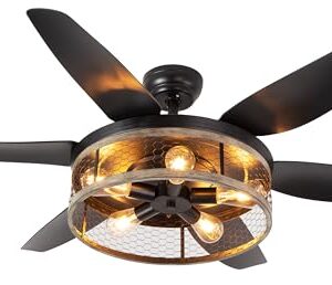 Ohniyou Farmhouse Ceiling Fan with Lights and Remote,52 inch Rustic Ceiling Fan with Caged Light Fixture, Retro Black Outdoor Ceiling Fans for Patio,Living Room,Dining Room,Bedroom