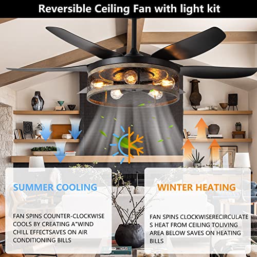 Ohniyou Farmhouse Ceiling Fan with Lights and Remote,52 inch Rustic Ceiling Fan with Caged Light Fixture, Retro Black Outdoor Ceiling Fans for Patio,Living Room,Dining Room,Bedroom