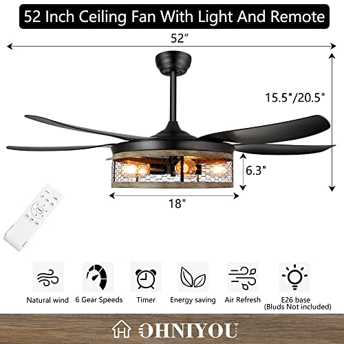 Ohniyou Farmhouse Ceiling Fan with Lights and Remote,52 inch Rustic Ceiling Fan with Caged Light Fixture, Retro Black Outdoor Ceiling Fans for Patio,Living Room,Dining Room,Bedroom