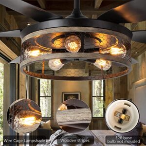 Ohniyou Farmhouse Ceiling Fan with Lights and Remote,52 inch Rustic Ceiling Fan with Caged Light Fixture, Retro Black Outdoor Ceiling Fans for Patio,Living Room,Dining Room,Bedroom