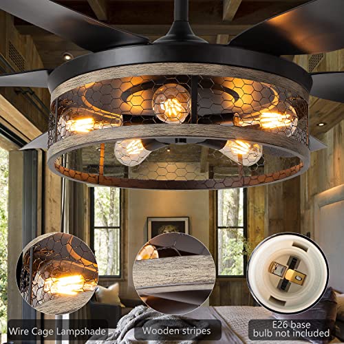 Ohniyou Farmhouse Ceiling Fan with Lights and Remote,52 inch Rustic Ceiling Fan with Caged Light Fixture, Retro Black Outdoor Ceiling Fans for Patio,Living Room,Dining Room,Bedroom