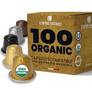 espressoro 100 usda organic espresso pods - variety pack aluminum capsule compatible with nespresso original lines machines. assorted premium italian expresso coffee capsules