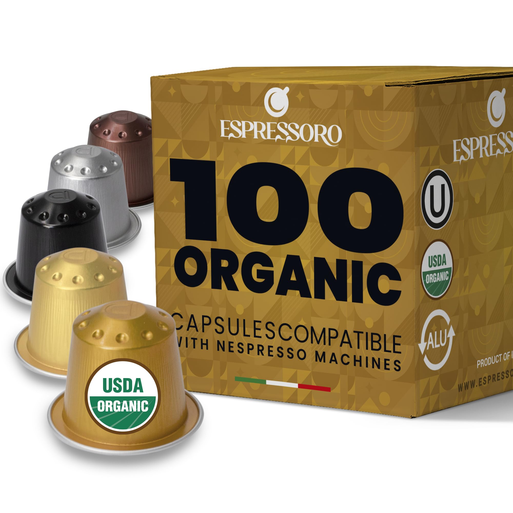 ESPRESSORO 100 USDA Organic Espresso Pods - VARIETY PACK Aluminum Capsule Compatible with Nespresso Original Lines Machines. Assorted Premium Italian Expresso Coffee Capsules