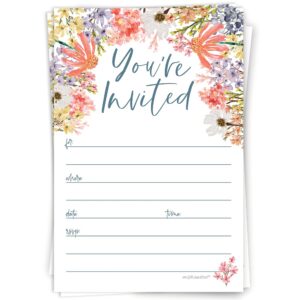 wildflower invitations with envelopes (20 count) - floral boho garden theme for bridal shower, 1st birthday, adult birthday, brunch or baby shower