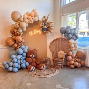 134pcs Brown Blue Balloon Garland Arch Kit,Bear Baby Shower Decoration with Double Stuffed Blue Coffee Nude Balloons for Teddy Bear Baby Shower Boho Birthday Gender Reveal Party Decorations