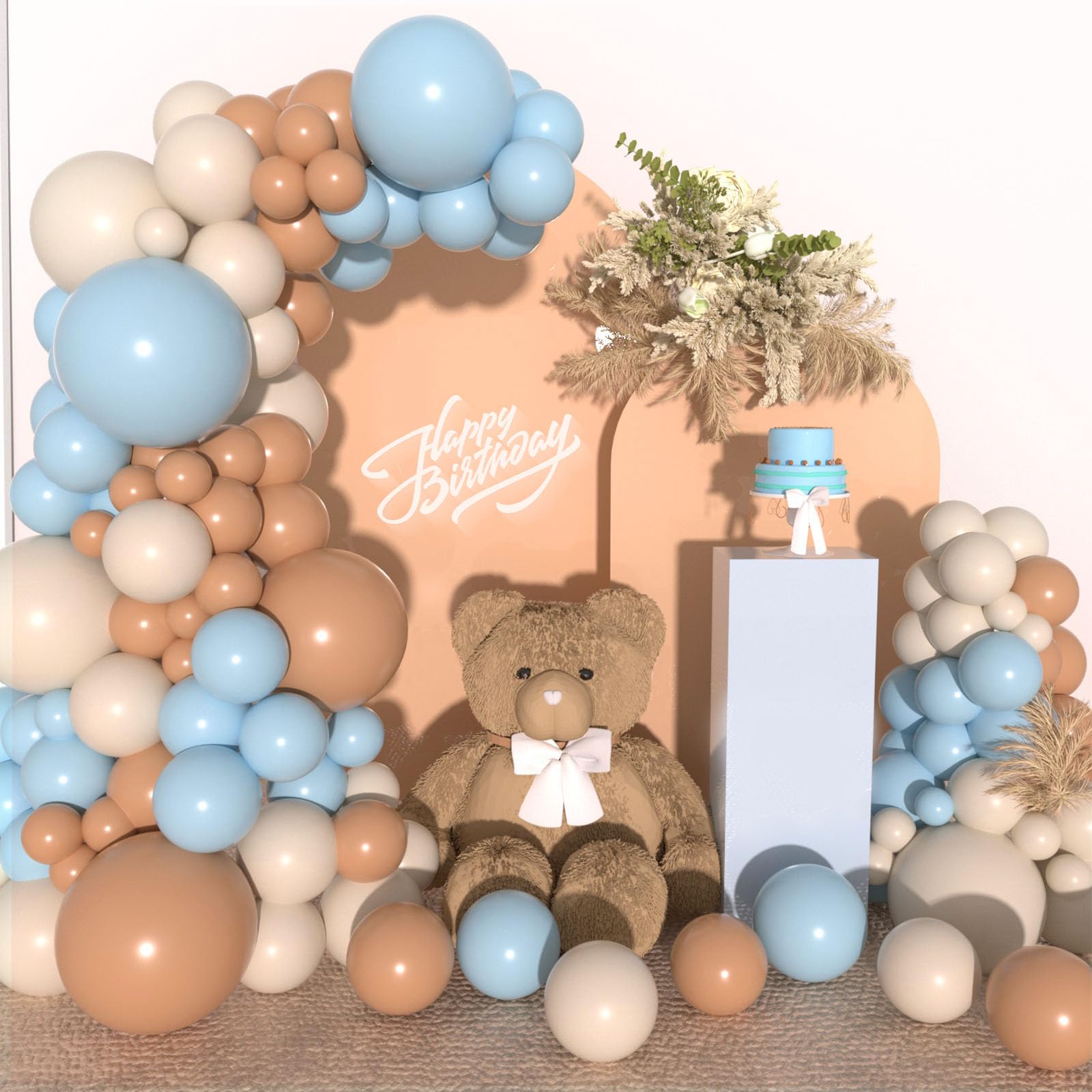 134pcs Brown Blue Balloon Garland Arch Kit,Bear Baby Shower Decoration with Double Stuffed Blue Coffee Nude Balloons for Teddy Bear Baby Shower Boho Birthday Gender Reveal Party Decorations