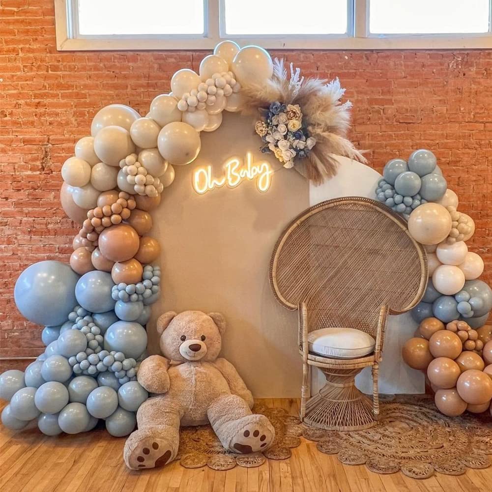 134pcs Brown Blue Balloon Garland Arch Kit,Bear Baby Shower Decoration with Double Stuffed Blue Coffee Nude Balloons for Teddy Bear Baby Shower Boho Birthday Gender Reveal Party Decorations