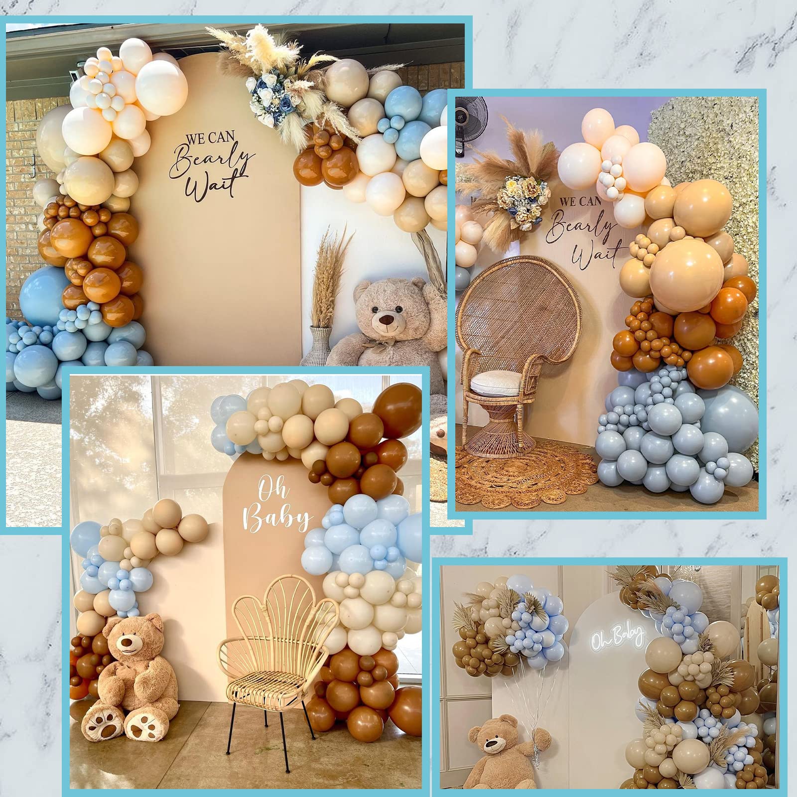 134pcs Brown Blue Balloon Garland Arch Kit,Bear Baby Shower Decoration with Double Stuffed Blue Coffee Nude Balloons for Teddy Bear Baby Shower Boho Birthday Gender Reveal Party Decorations