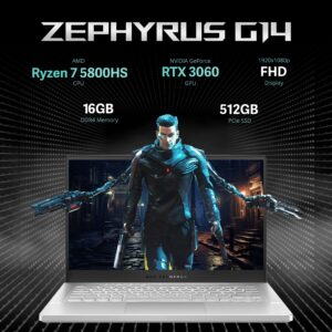 ASUS 2022 ROG Zephyrus G14 14/'' FHD 144Hz Gaming Laptop, AMD Ryzen 7-5800HS, 16GB RAM, 512GB PCIe SSD, Backlit Keyboard, NVIDIA GeForce RTX 3060 6G Graphics, Win 11 Pro, White, 32GB USB Card