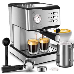 geek chef espresso machine 20 bar pump pressure cappuccino latte maker coffee machine with ese pod filter&pressure gauge, 1.5l water tank 950w, silver