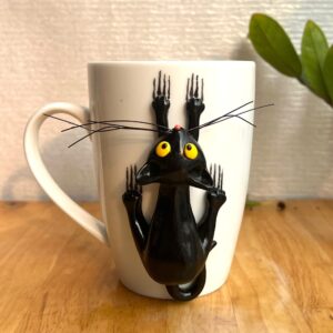 dongnaiwin 15 oz 3d black cat ceramic coffee mug - black cat mom mug -mother's day cup for cat lovers - funny black cat whiskered kitchen decor for cat mom