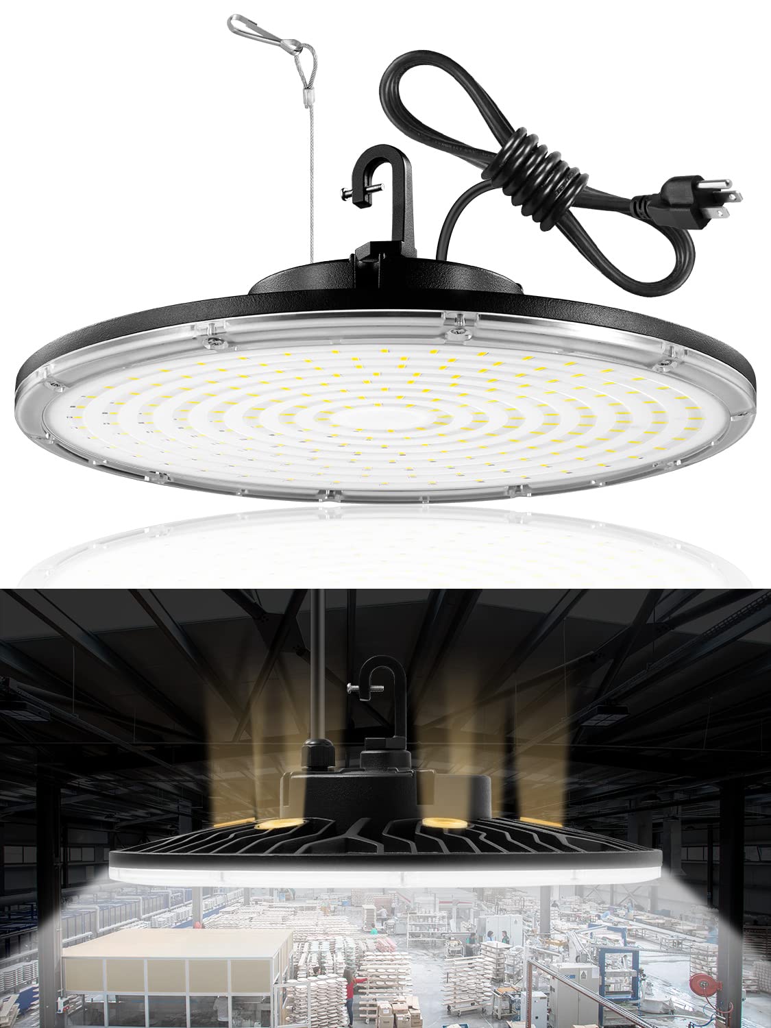 UFO LED High Bay Lights 150W,15000LM 6500K High Bay LED Shop Lights,LED High Bay Lights with 3000K Up Lighting,High Bay LED Lights with Plug 5’ Cable,LED Shop Lights for Workshop Warehouse Garage