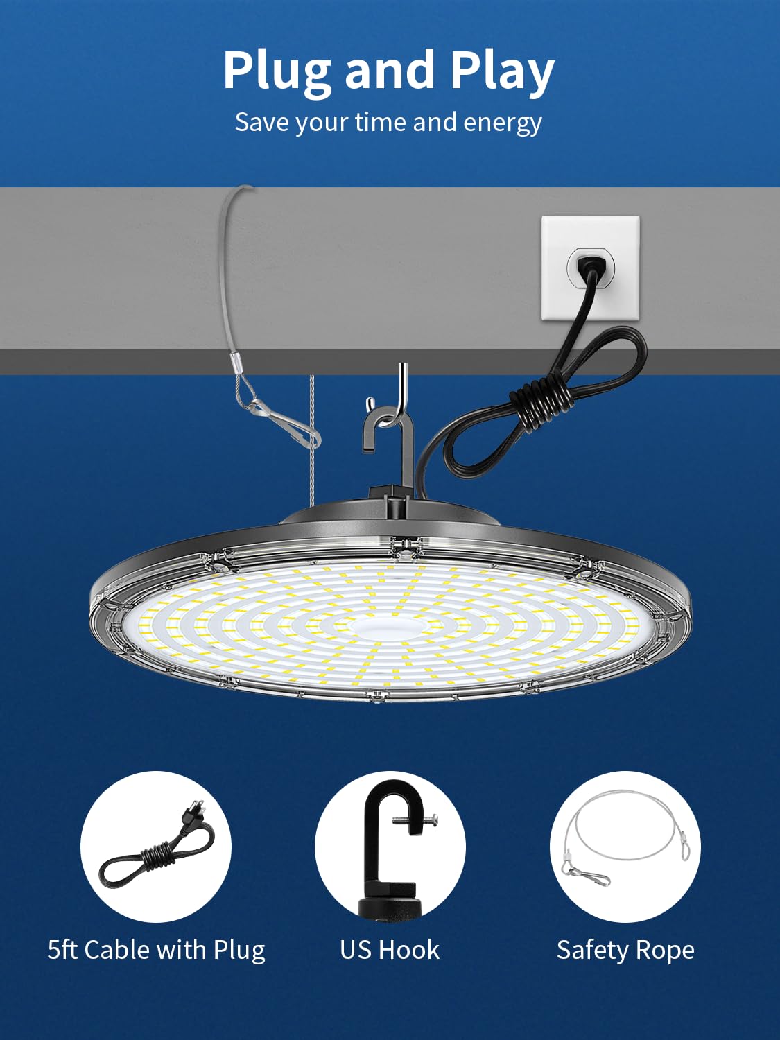 UFO LED High Bay Lights 150W,15000LM 6500K High Bay LED Shop Lights,LED High Bay Lights with 3000K Up Lighting,High Bay LED Lights with Plug 5’ Cable,LED Shop Lights for Workshop Warehouse Garage