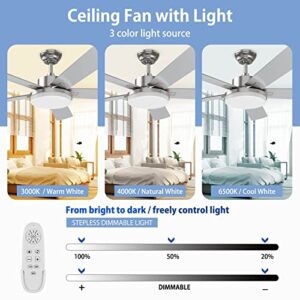 Regair 52 Inch Modern Brushed Nickel Ceiling Fan with Light and Remote Control, Dimmable and Adjustable Color Temperature