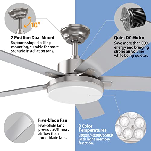 Regair 52 Inch Modern Brushed Nickel Ceiling Fan with Light and Remote Control, Dimmable and Adjustable Color Temperature