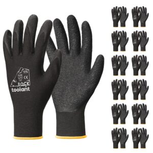 toolant work gloves men, 12 pairs crinkle latex rubber gloves for construction, gardening, warehouse (black, medium)