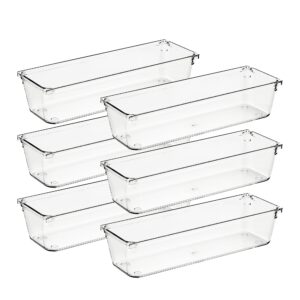 ravinte 6 pack drawer organizer - 3" x 9" plastic storage bins, acrylic organizers with non-slip pads clear desk storage tray for makeup, jewelries, kitchen utensils, bathroom and office