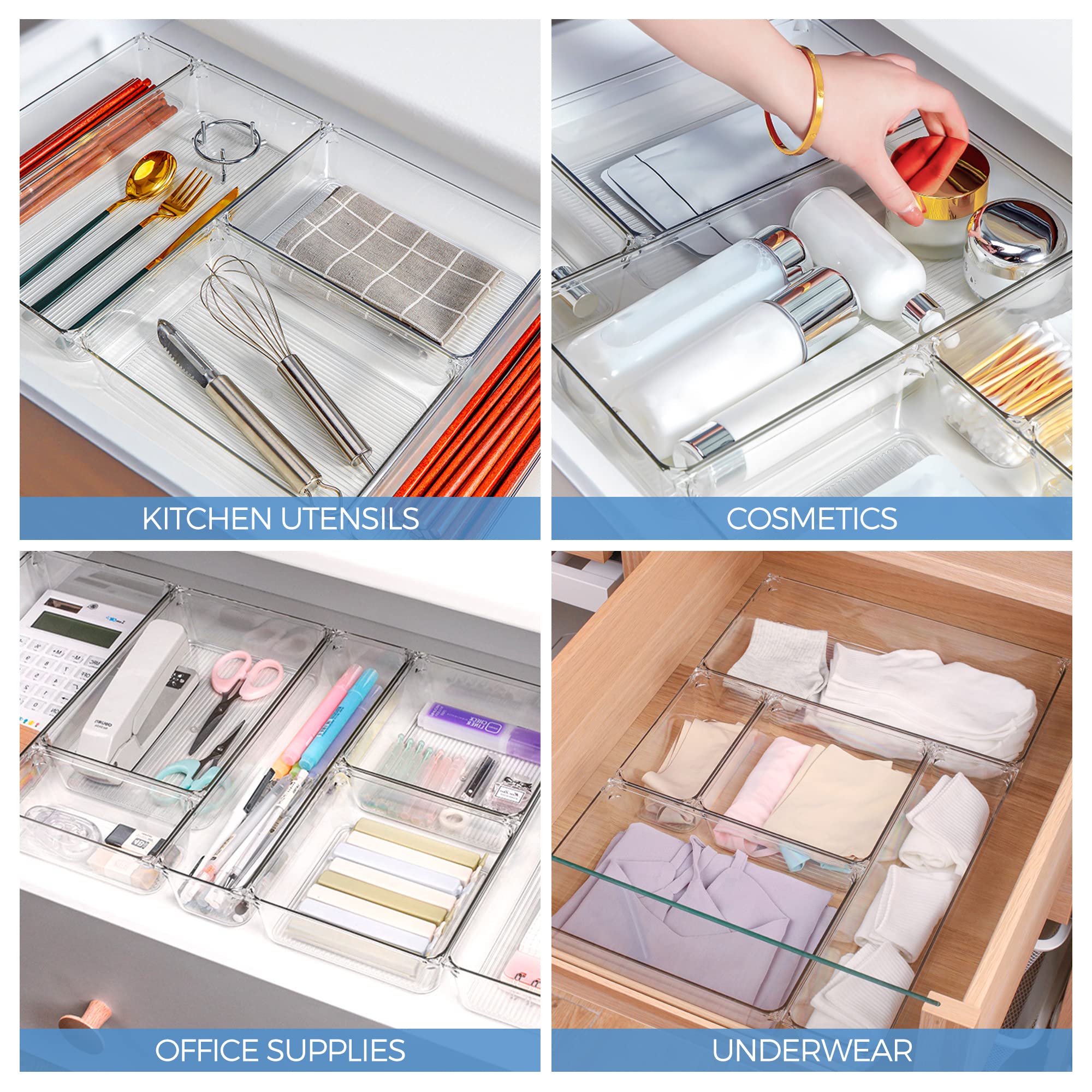 Ravinte 6 Pack Drawer Organizer - 3" X 9" Plastic Storage Bins, Acrylic Organizers with Non-Slip Pads Clear Desk Storage Tray for Makeup, Jewelries, Kitchen Utensils, Bathroom and Office