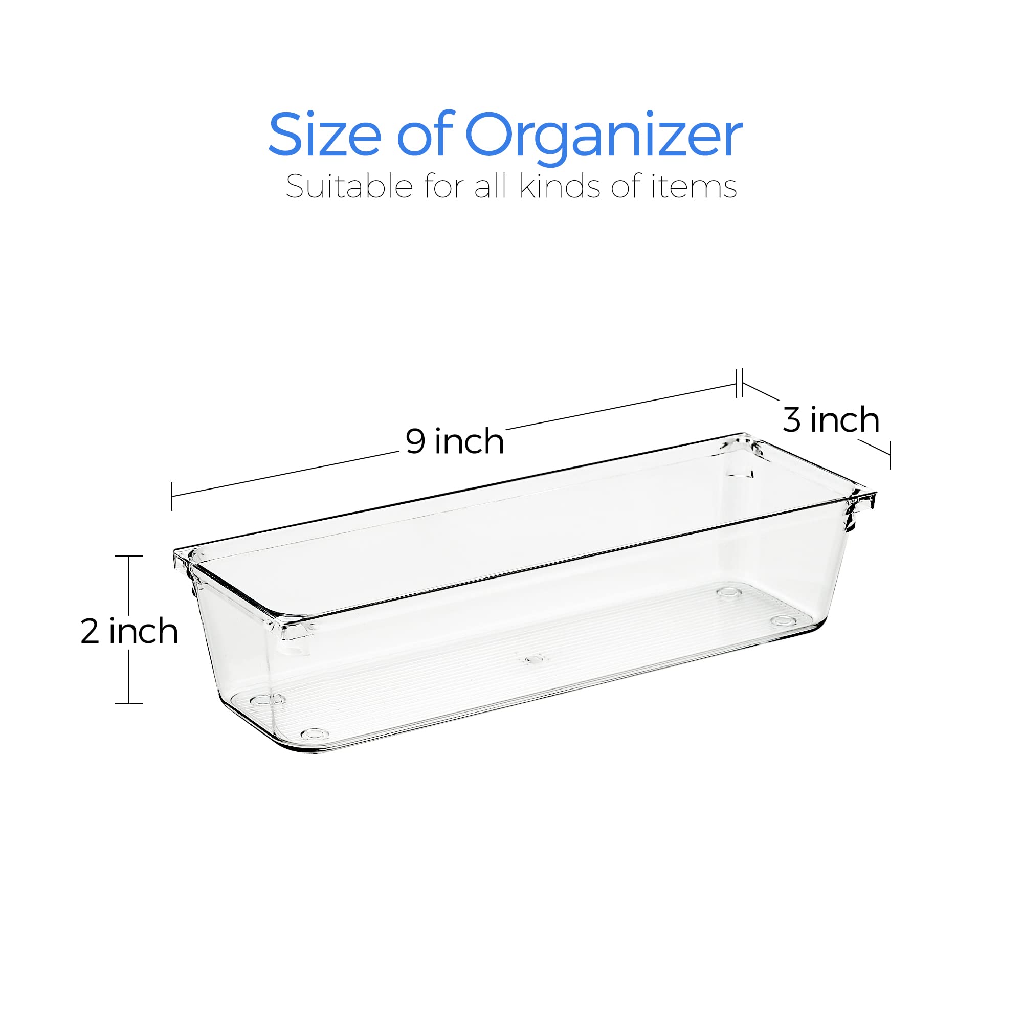 Ravinte 6 Pack Drawer Organizer - 3" X 9" Plastic Storage Bins, Acrylic Organizers with Non-Slip Pads Clear Desk Storage Tray for Makeup, Jewelries, Kitchen Utensils, Bathroom and Office