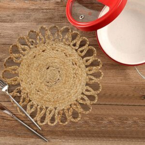 MORE Jute Hand Braided Placemats Set of 6 | 15 Inches Round Tablemats for Kitchen Dining Table Top Rug Mats & Dinner Table Plate Pads Mates | Rustic Natural Fiber Vintage Rugs Mat, Natural Beige