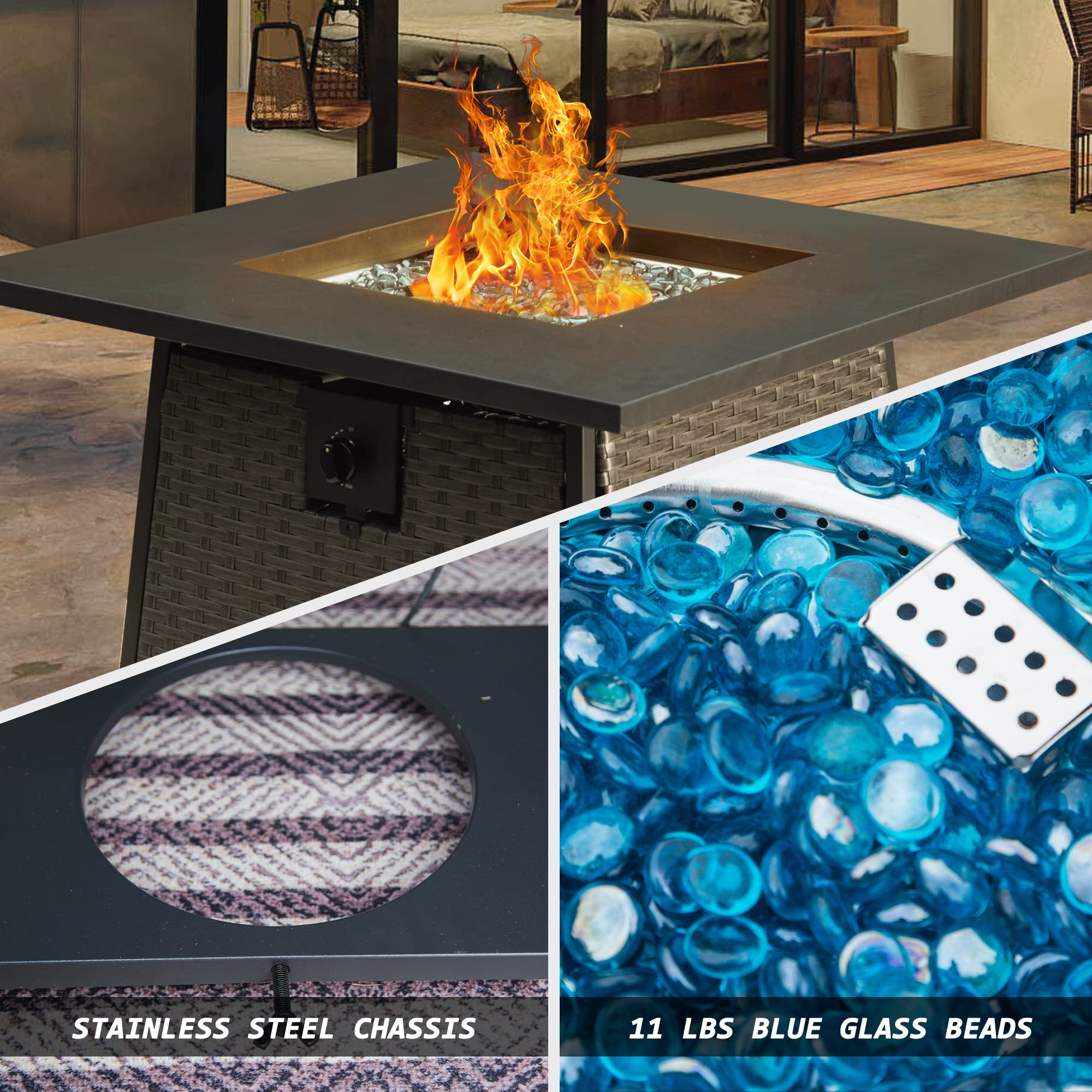 Domi 28 Inch Propane Fire Pits Table with Blue Glass Ball,50,000 BTU Outdoor Wicker Fire Table with ETL-Certified,2-in-1 Square Steel Gas Firepits