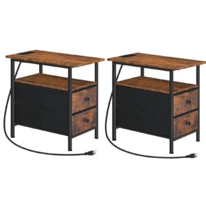 hoobro end table with charging station, set of 2 narrow side tables, nightstand with 2 non-woven drawers, slim sofa table, for small spaces, living room, bedroom, rustic brown and black bf486ubzp201