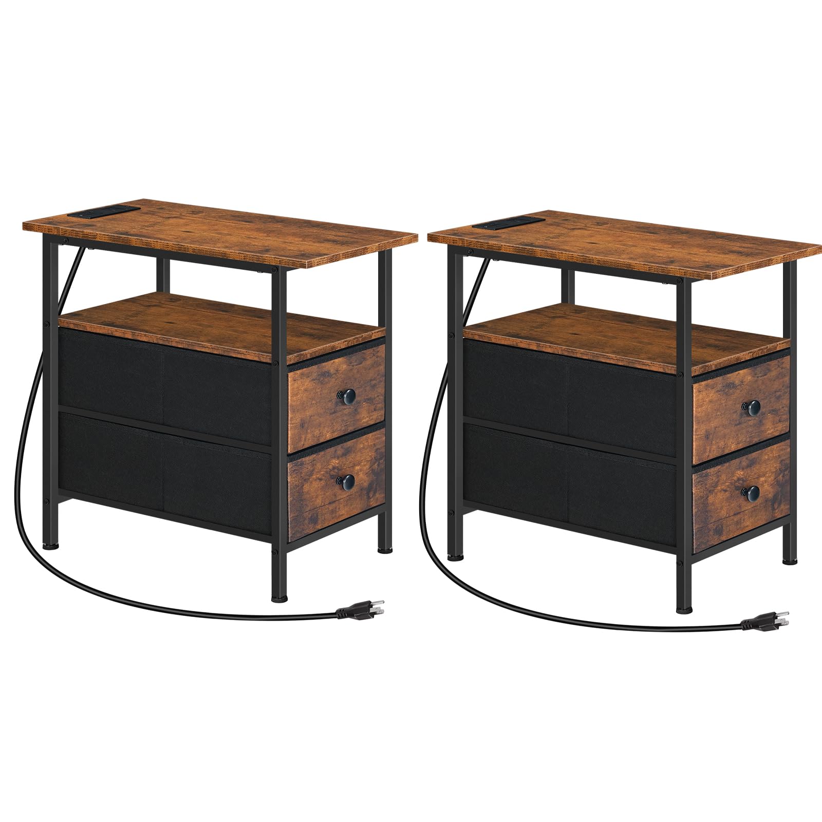 HOOBRO End Table with Charging Station, Set of 2 Narrow Side Tables, Nightstand with 2 Non-Woven Drawers, Slim Sofa Table, for Small Spaces, Living Room, Bedroom, Rustic Brown and Black BF486UBZP201