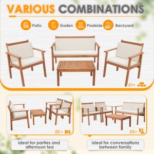 Greesum 4 Piece Bistro Patio Furniture Outdoor Chat Chair Set with Water Resistant Cushions and Coffee Table for Beach Backyard Garden, Acacia Wood